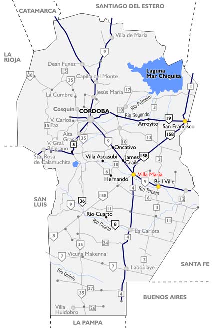 Plano de Villa María, Córdoba, Rutas y Accesos
